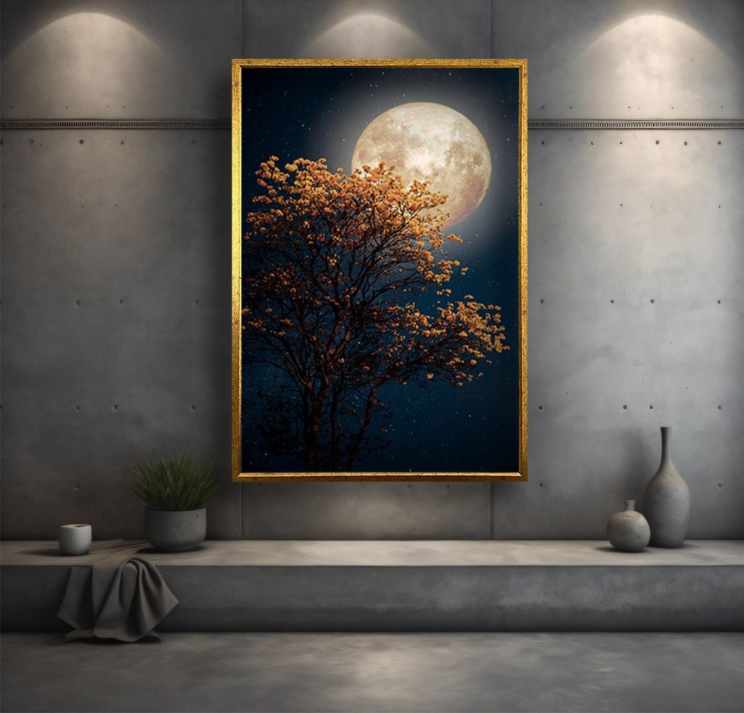 Moon Poster,moon and Tree Wall Art, Red Tree and Full Moon Canvas Wall Art ,full Moon Canvas ...