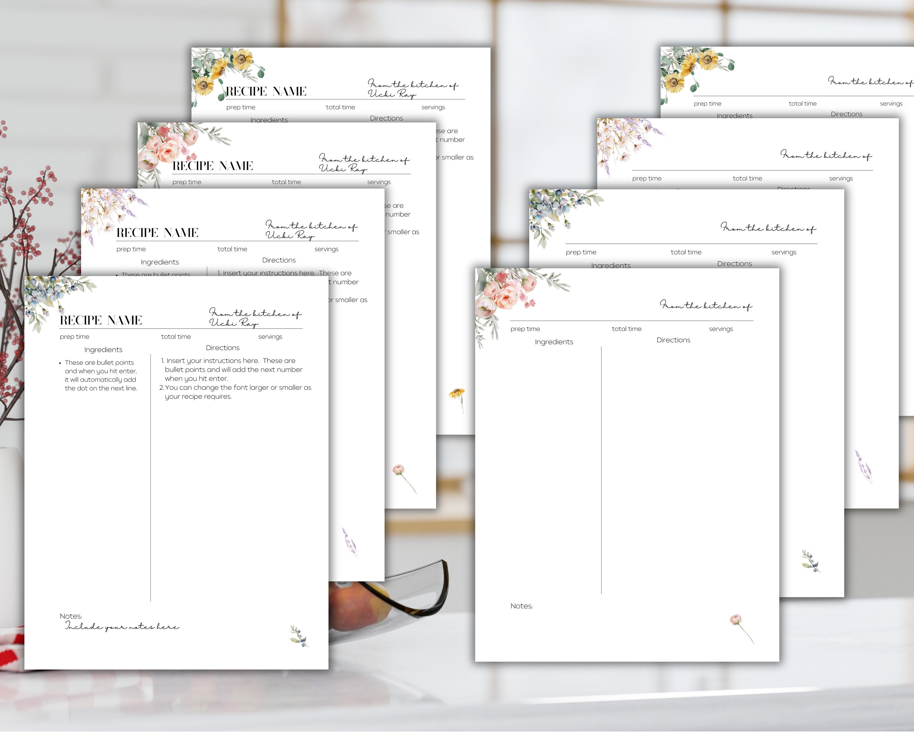 Editable Recipe Template for Binder Watercolor Floral Boho Recipe Card ...