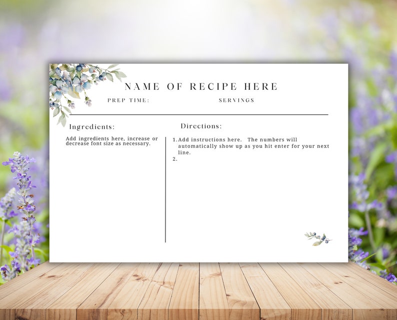 Editable 4 X 6 Recipe Card Template Canva Watercolor Floral Boho Recipe ...