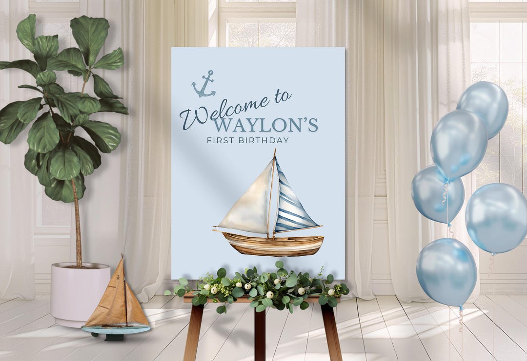 Sailing Birthday Party Welcome Sign| Nautical Boat Watercolor Kids ...