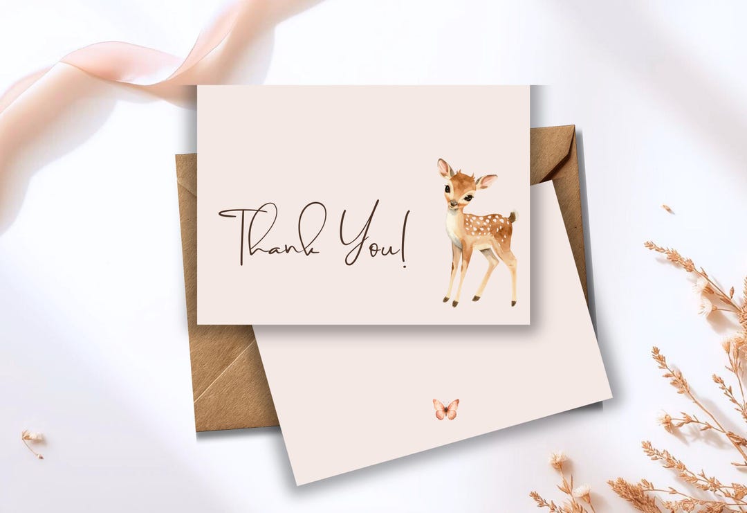 Blush Pink Girly Deer Thank You Card | Watercolor Editable Template ...