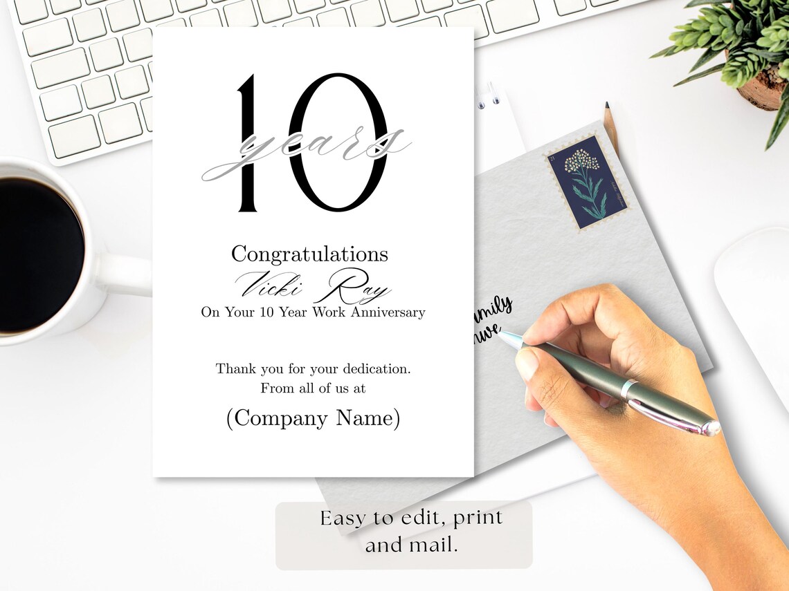 10 Year Work Anniversary Card Business Employee Appreciation Minimalist ...