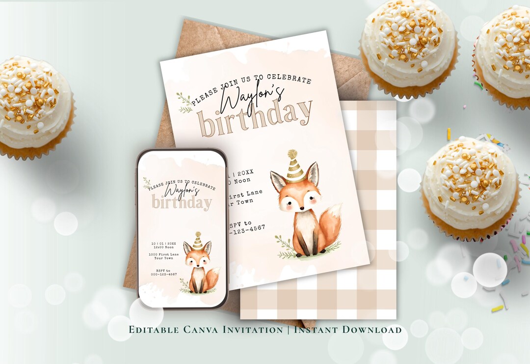 Fox Birthday Party Invitation - Kids Woodland Tan Party Invite - Mobile ...