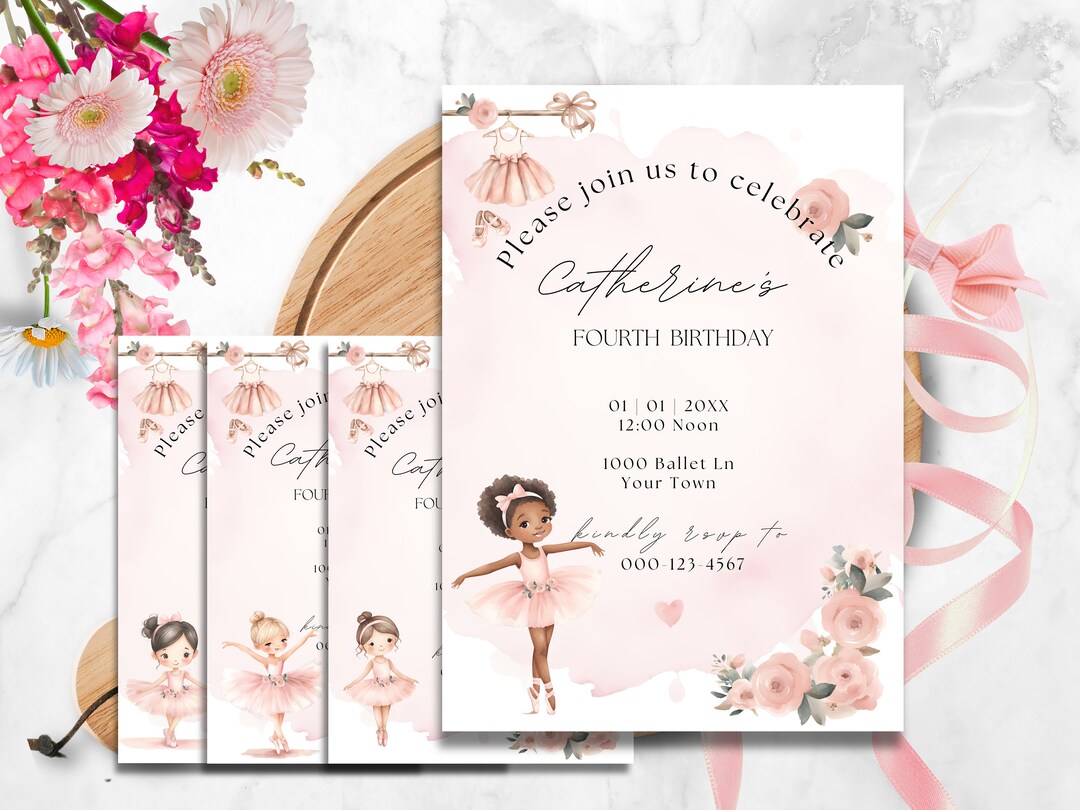 Girls Ballet Birthday Party Invitation Canva Template Ballerina Flowers ...