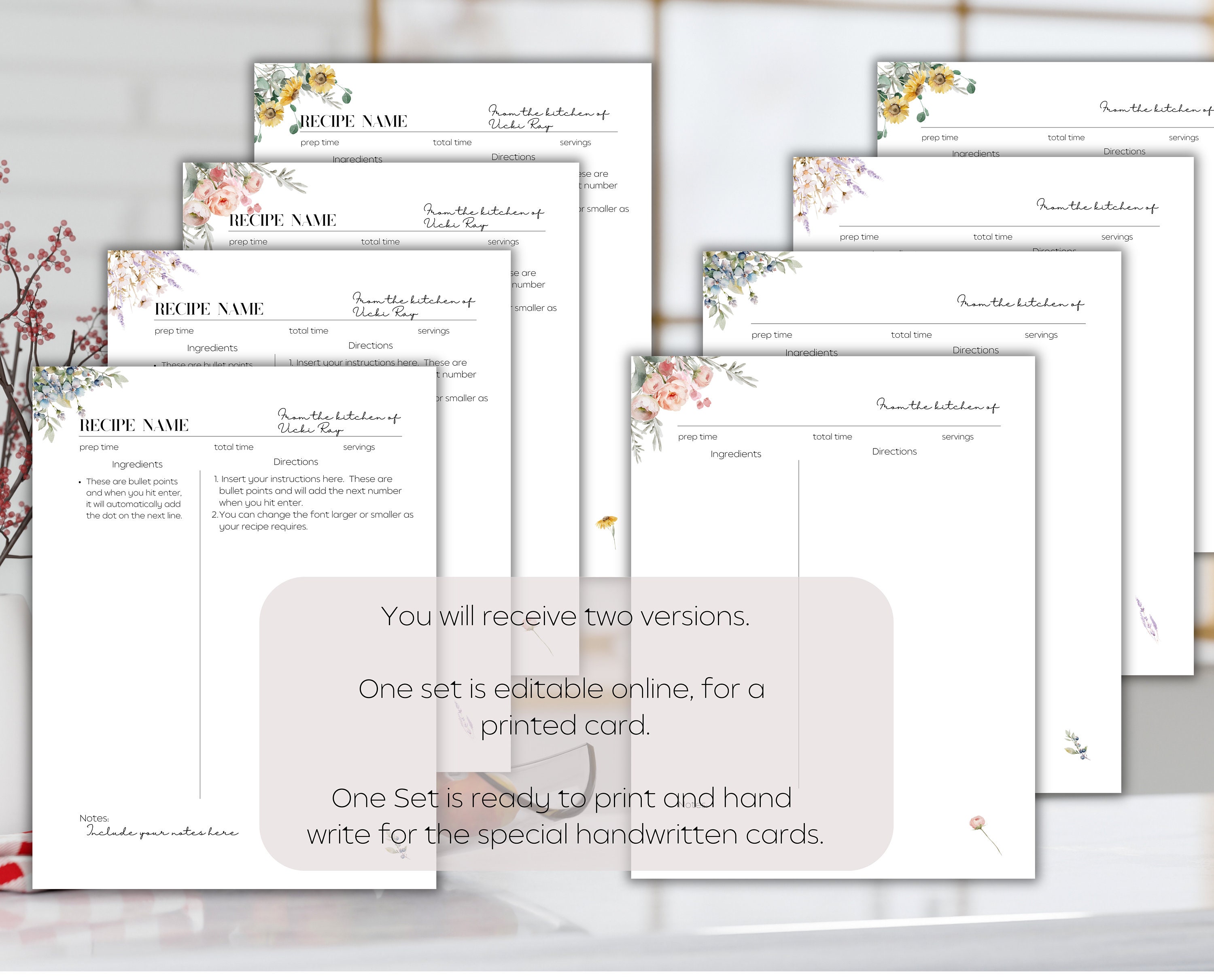 Editable Recipe Template for Binder Watercolor Floral Boho Recipe Card ...