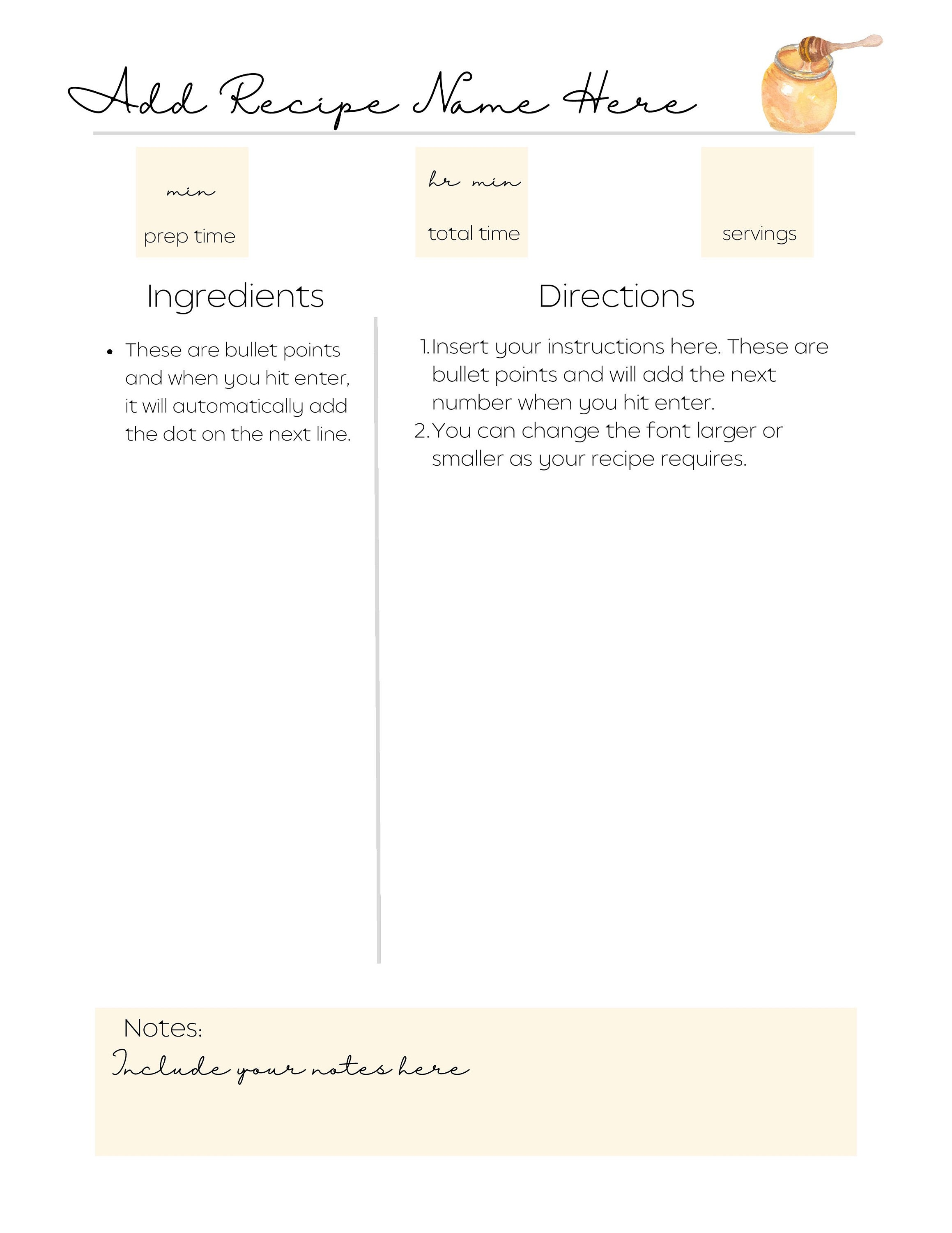 Editable Recipe Card Template Canva Custom Illustrated Digital Download ...