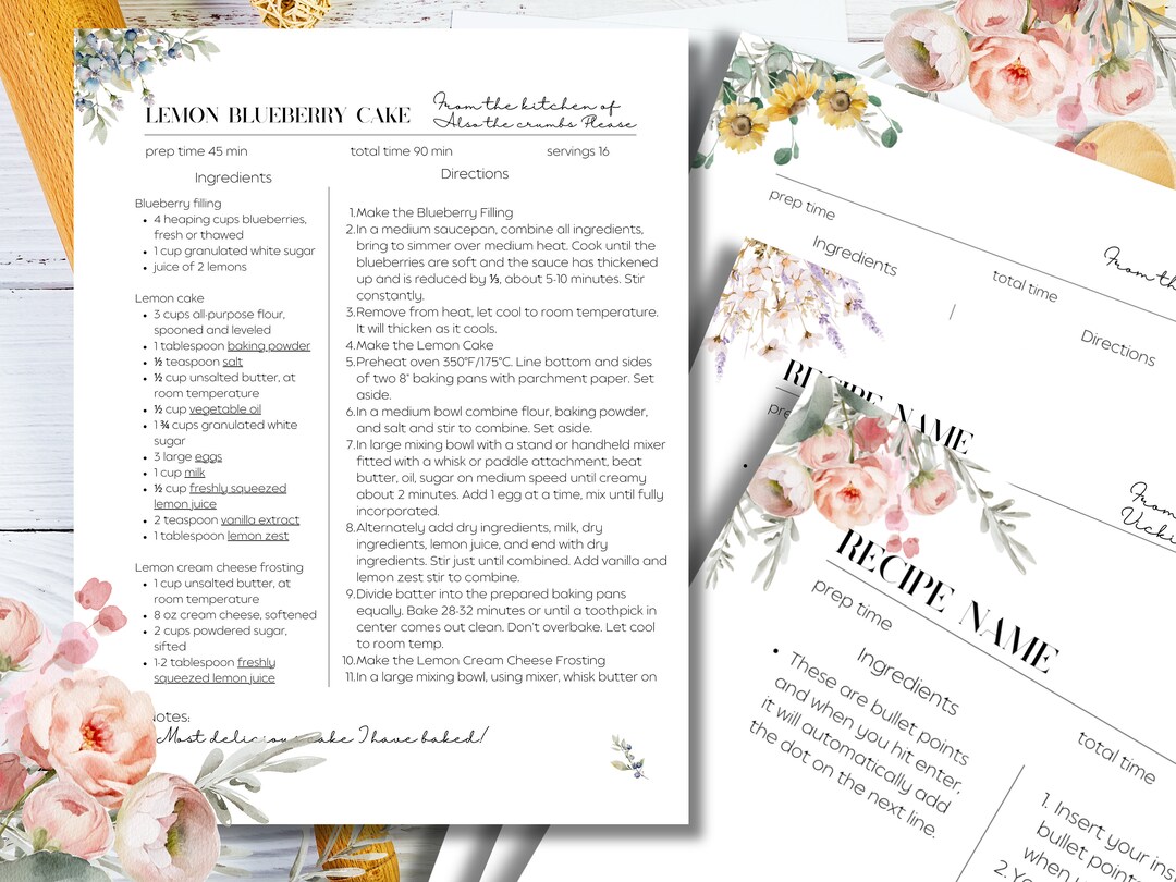 Editable Recipe Template for Binder Watercolor Floral Boho Recipe Card ...