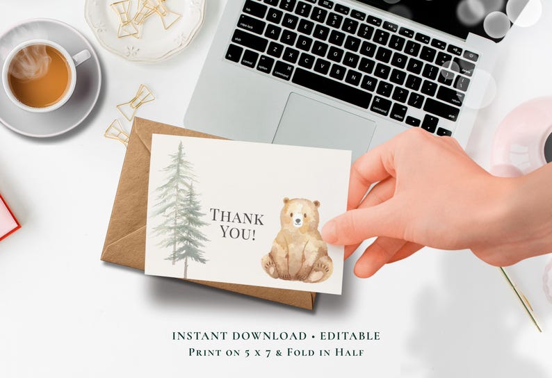 Woodland Animals Thank You Card | Watercolor Editable Template Bear ...