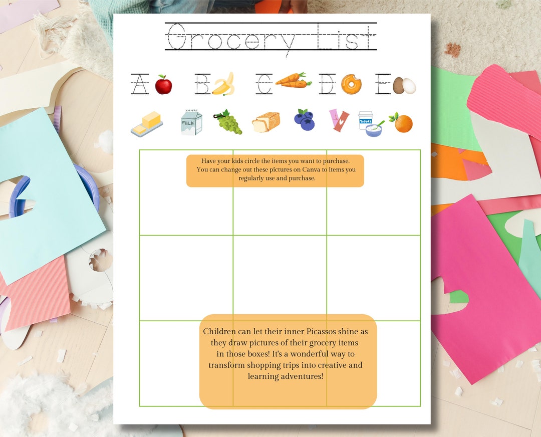 Simple Kids Grocery Store List Drawing Coloring Activity Sheet Editable ...