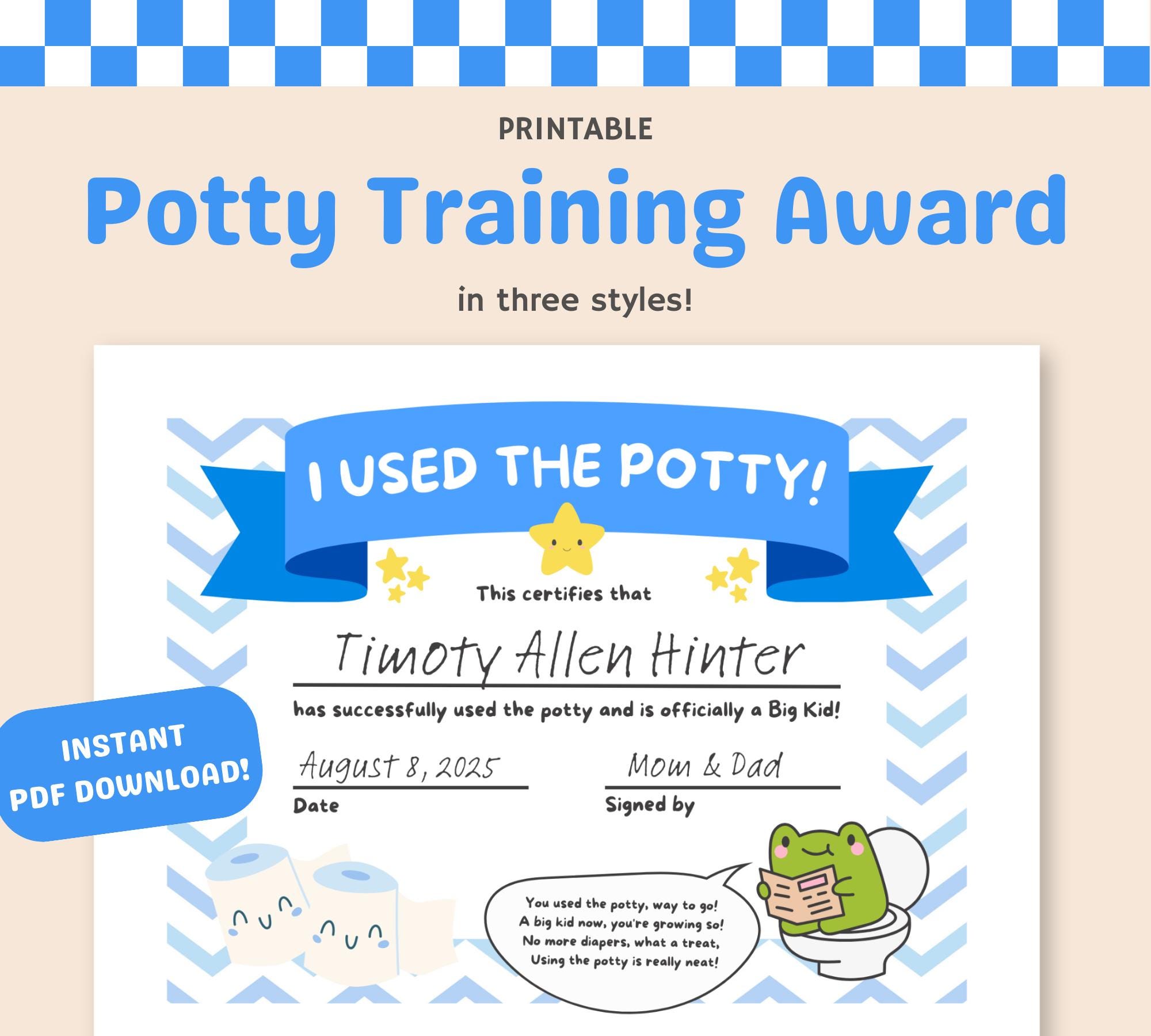 Potty Training Award Certificate | Printable Big Kid Diploma | Digital ...