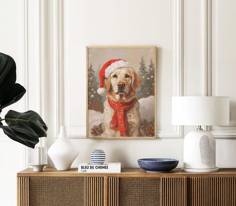 Golden Retriever Christmas Print: Santa Hat Dog Art (digital Download ...