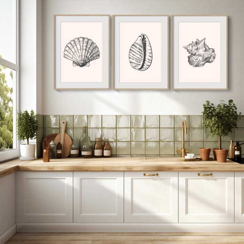 Seashell Line Drawing Art Prints - Black and White Coastal Set (digital ...
