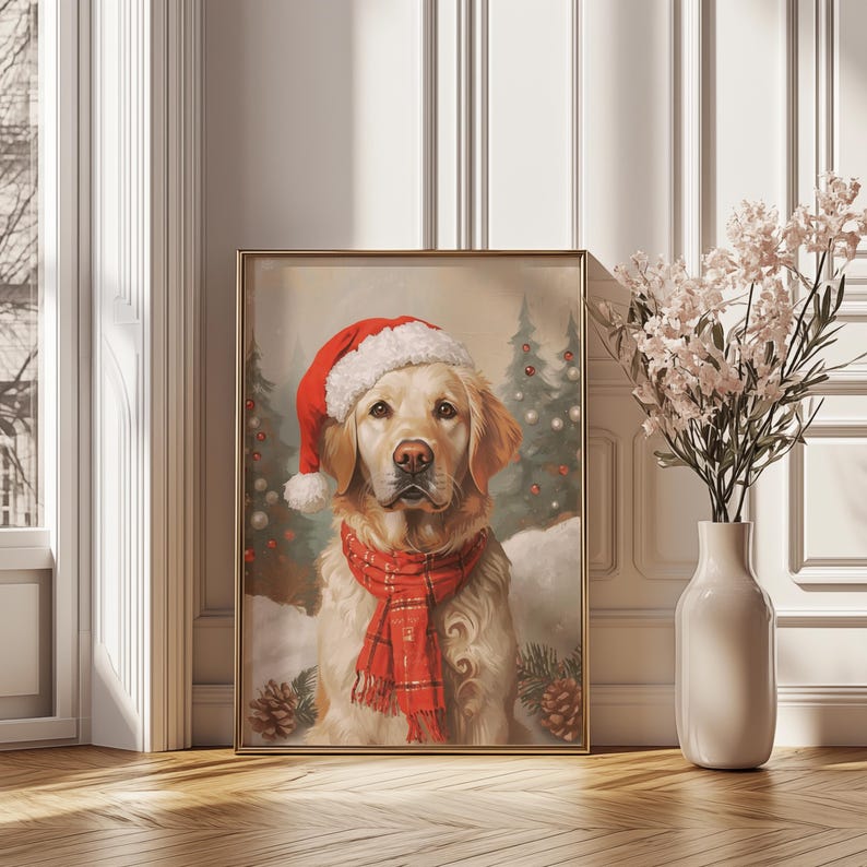 Golden Retriever Christmas Print: Santa Hat Dog Art (digital Download ...