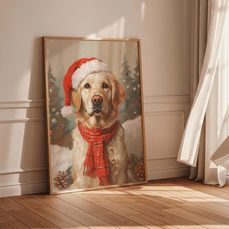 Golden Retriever Christmas Print: Santa Hat Dog Art (digital Download ...