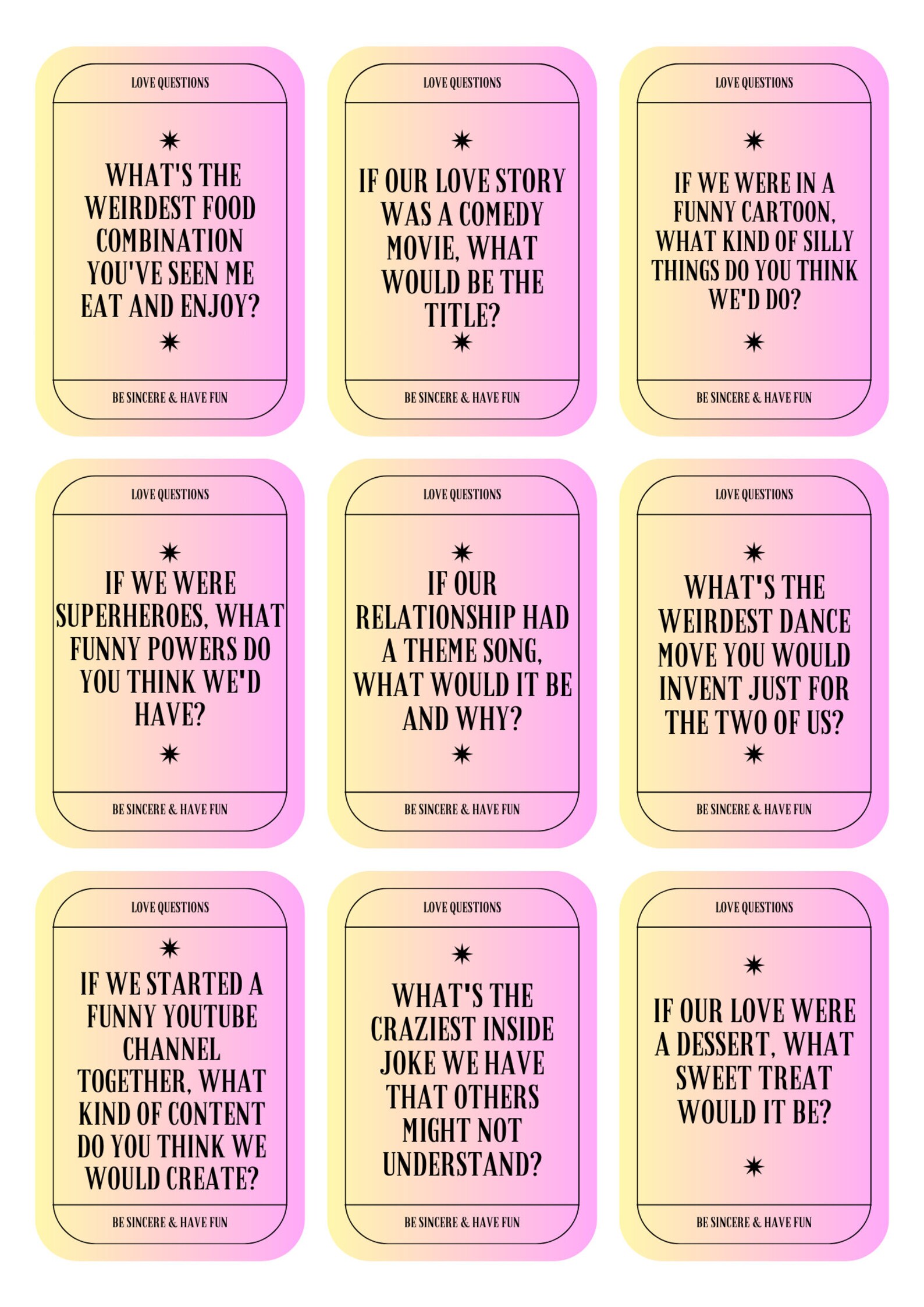 Questions Card Game for Couples! Lovely and Fun! Download, Cut and Play ...