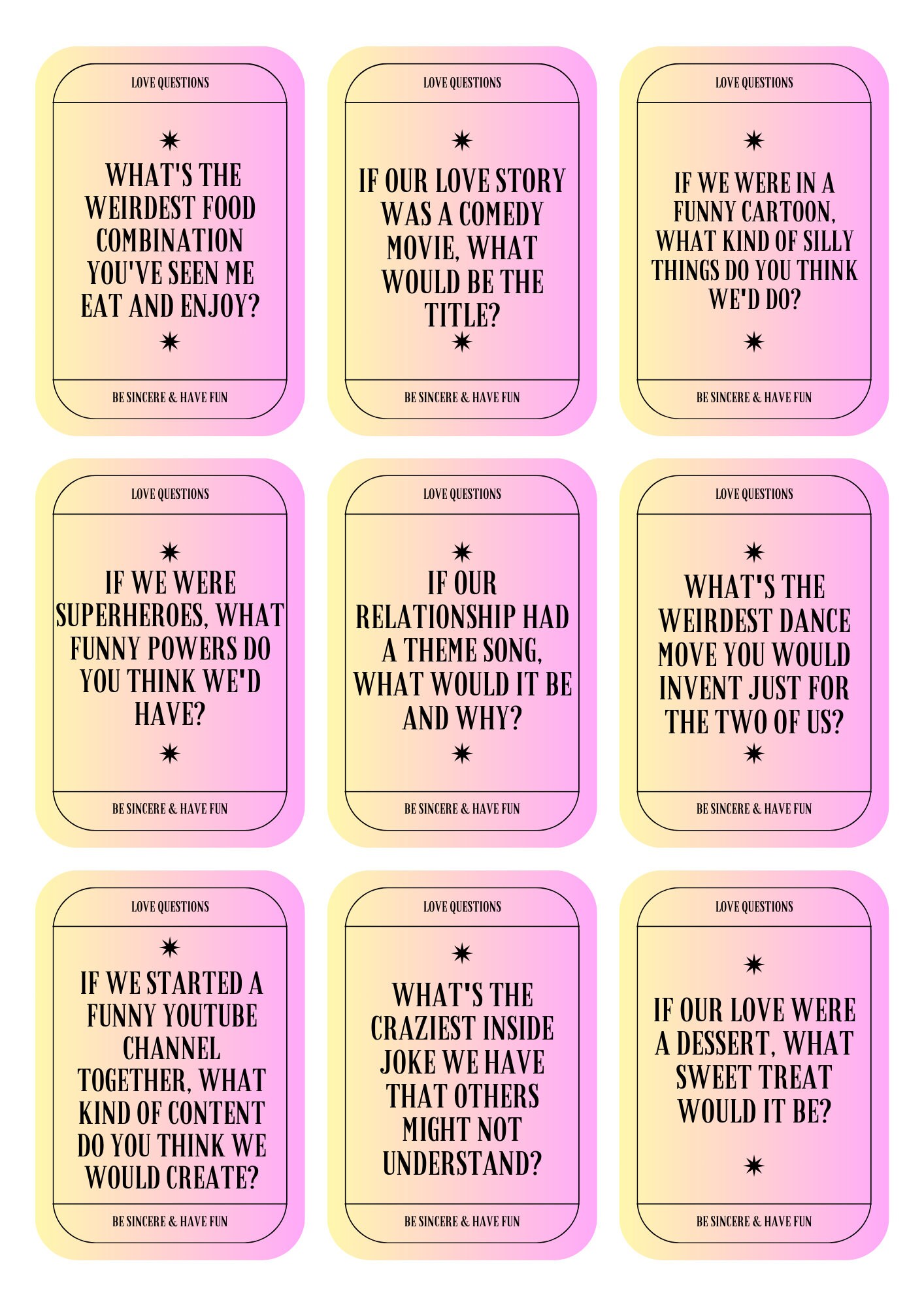 Questions Card Game for Couples! Lovely and Fun! Download, Cut and Play ...