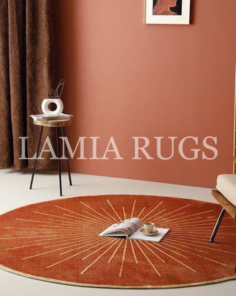 Round Hand Tufted Rug | Sunburst Design Modern Accent Carpet _rust ...