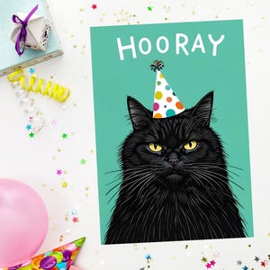 Black Cat With Party Hat, Hooray - Printable Card (digital Download) - Etsy