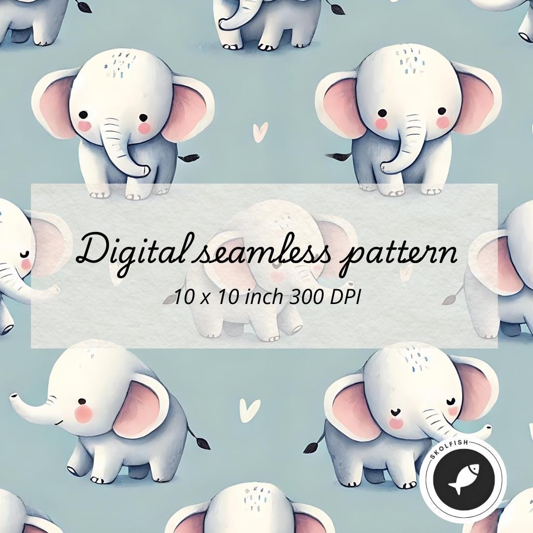 Little Elephants, Blue Background – Seamless Pattern (digital Download ...