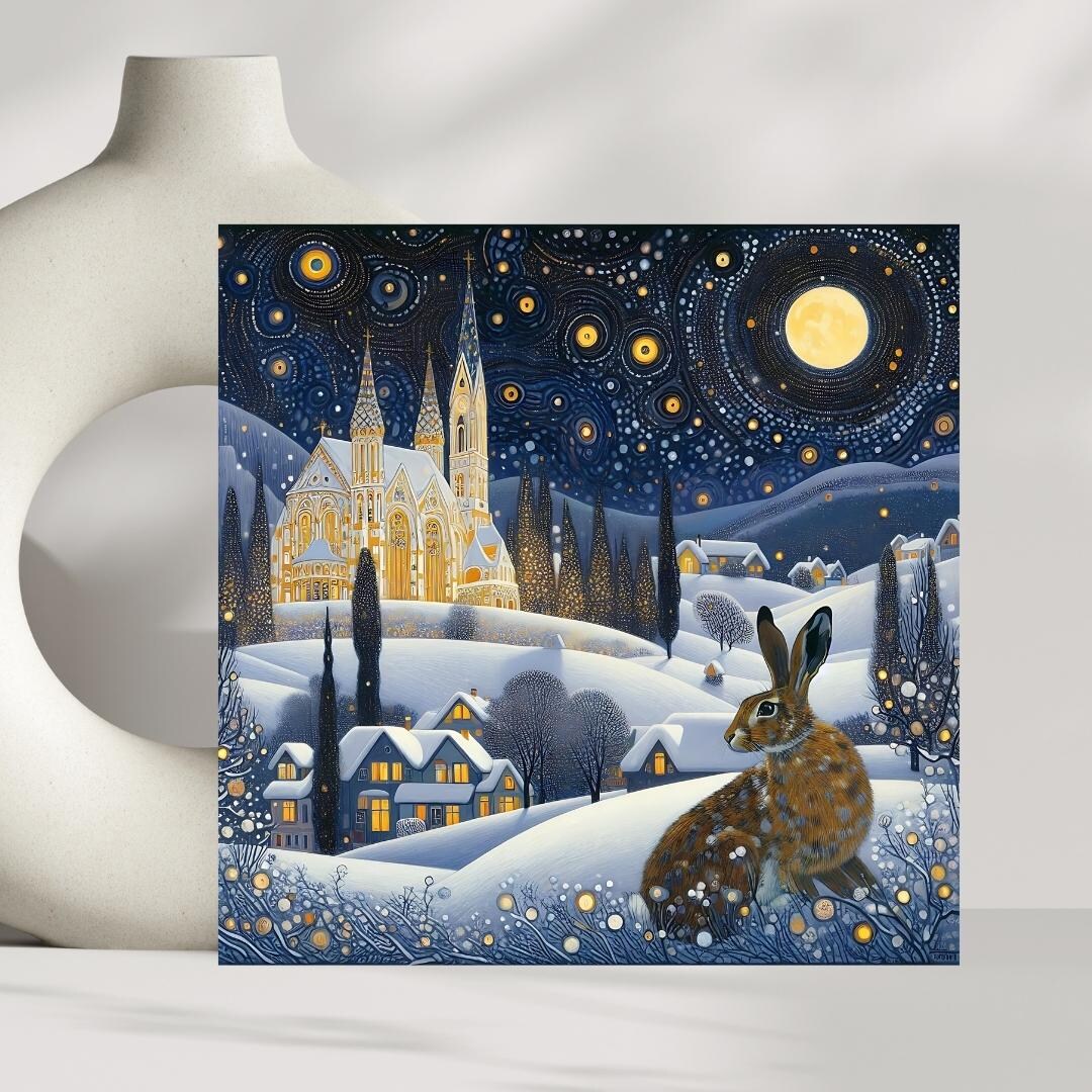 Rabbit in the Snow With Church - Printable Card (digital Download) - Etsy