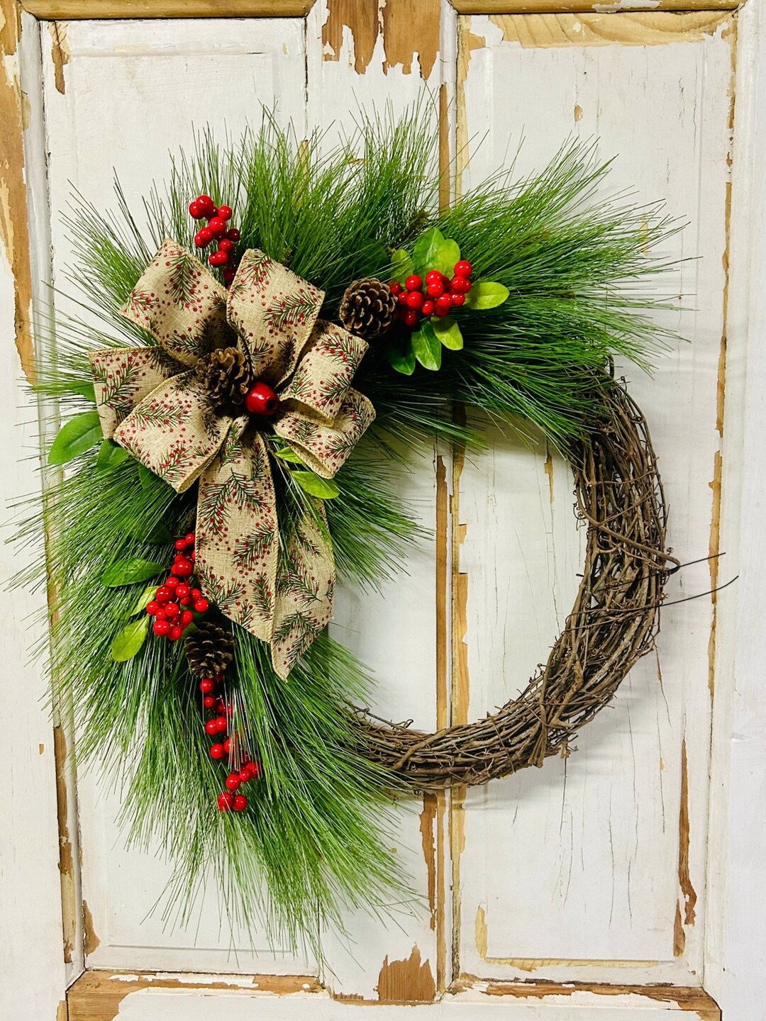 Rustic Pine Wreath With Red Berries and Pinecones, Traditional ...