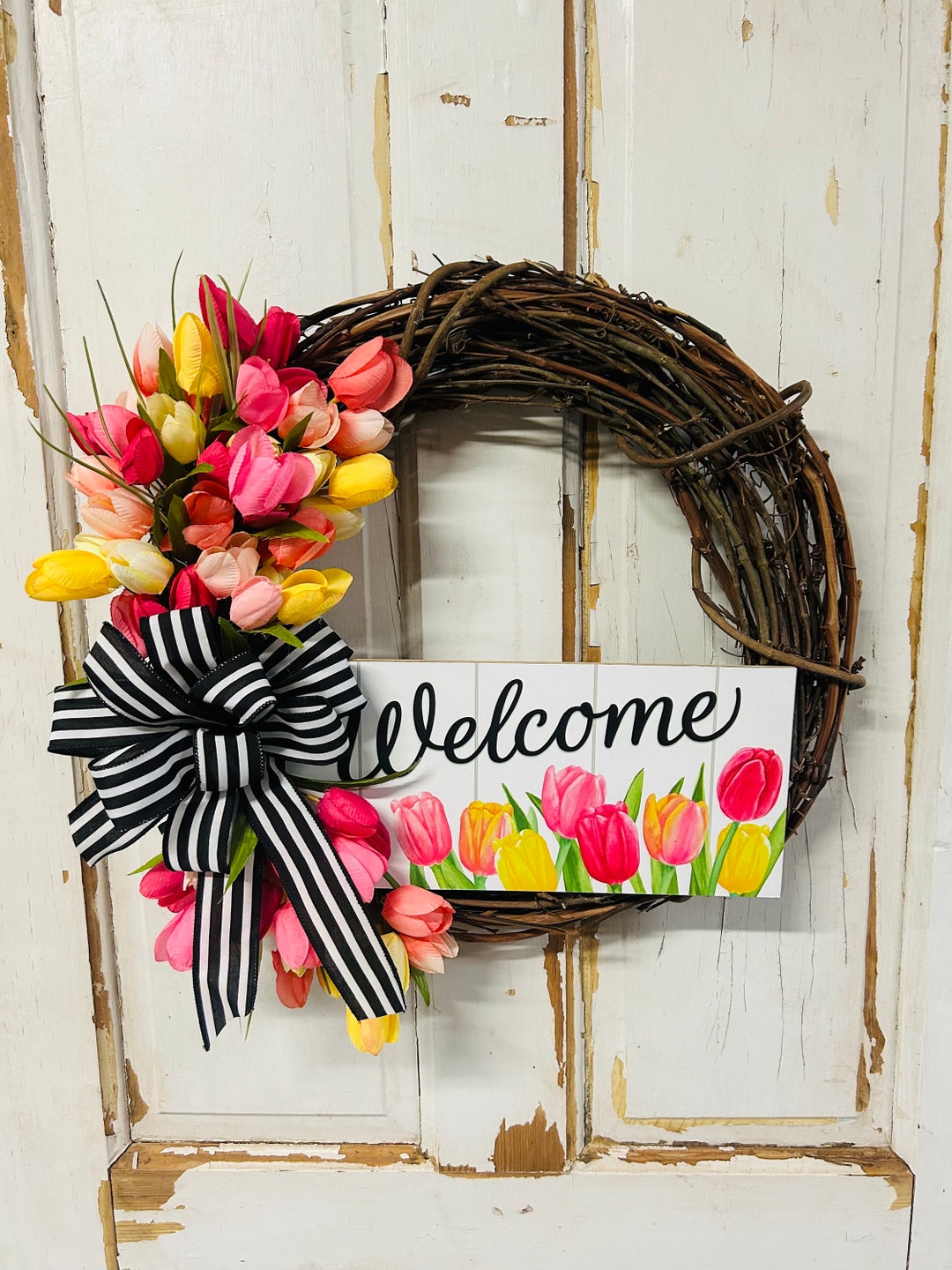 Tulip Wreath, Welcome Sign Wreath, Front Door Decor, Spring Decor ...