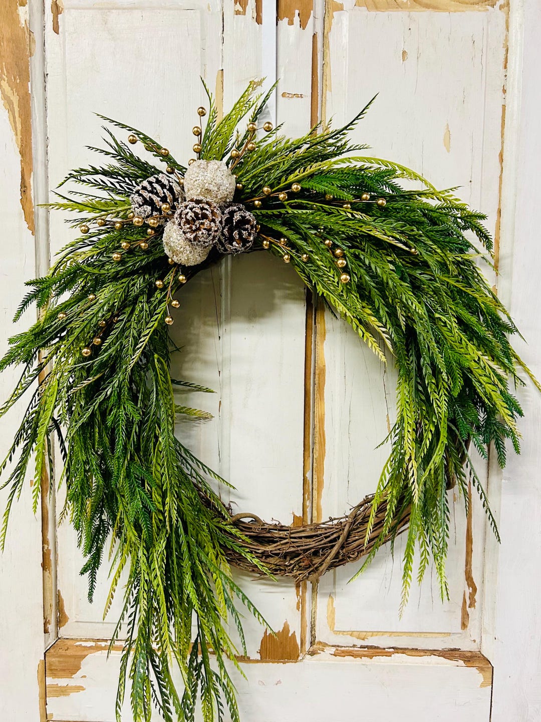 Sawgrass and Norfolk Pine Christmas Wreath With Gold Berries, Winter ...