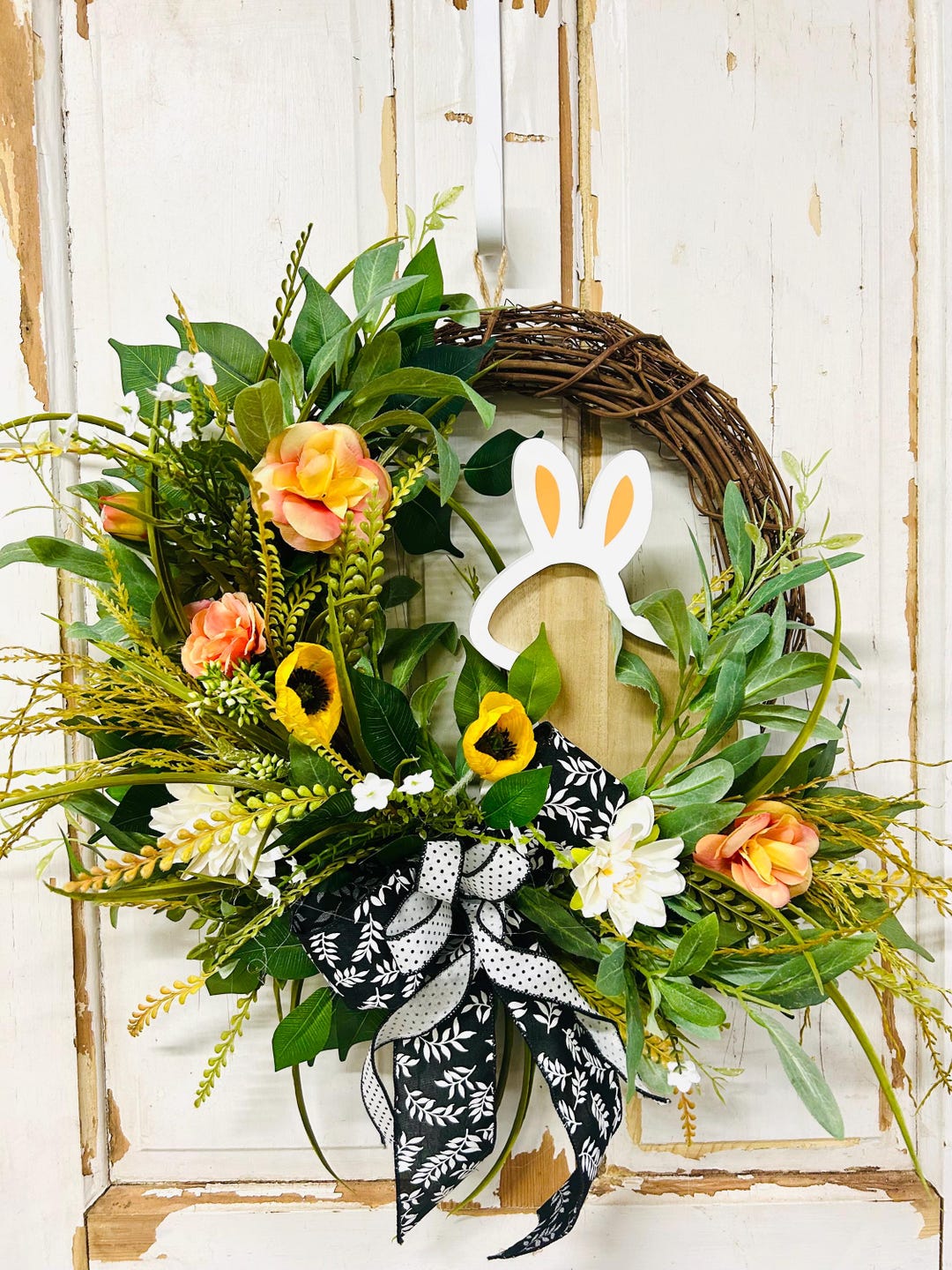 Easter Bunny Wreath, Easter Door Decor, Spring Wreath With Yellow and ...