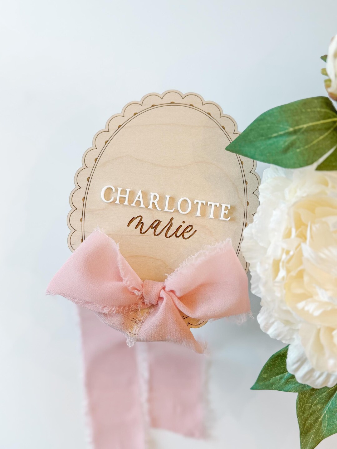 Wooden Lace Ribbon Bow Name Plate, Interchangeable Milestone Cards ...