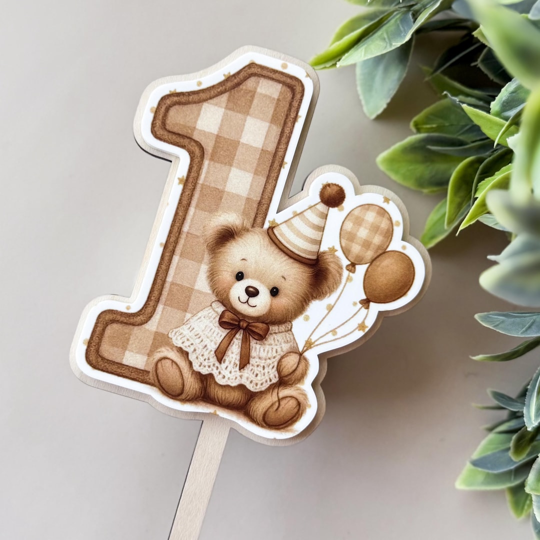 Teddy Bear First Birthday Cake Topper, Bear-y First Birthday, Gingham ...