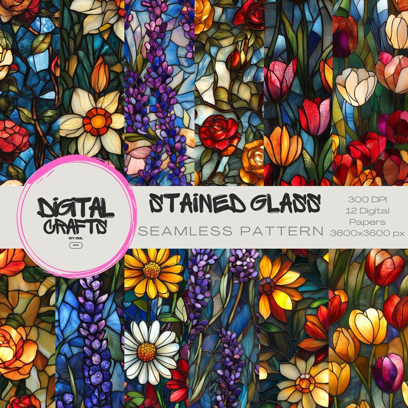 Stained Glass Seamless Pattern Printable Paper Floral Shabby Chic ...