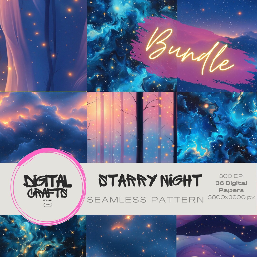 Enchanting Starry Night Glowing Evening Bundle Seamless Pattern ...