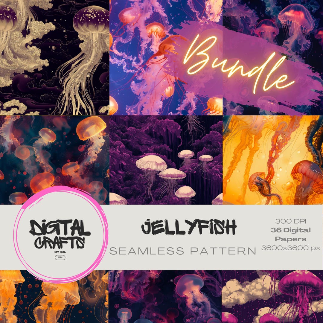 Purple Jellyfish Gold Medusa Bundle Seamless Pattern Illustration Deep ...