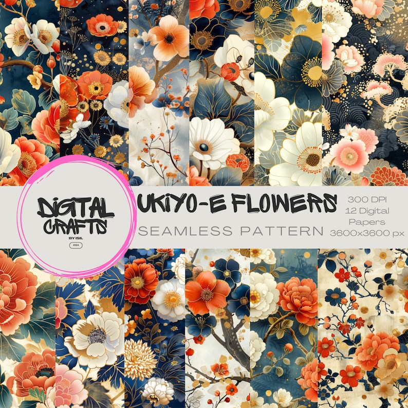 Japanese Ukiyo-e Flower Seamless Pattern Artistic Floral Design Digital ...