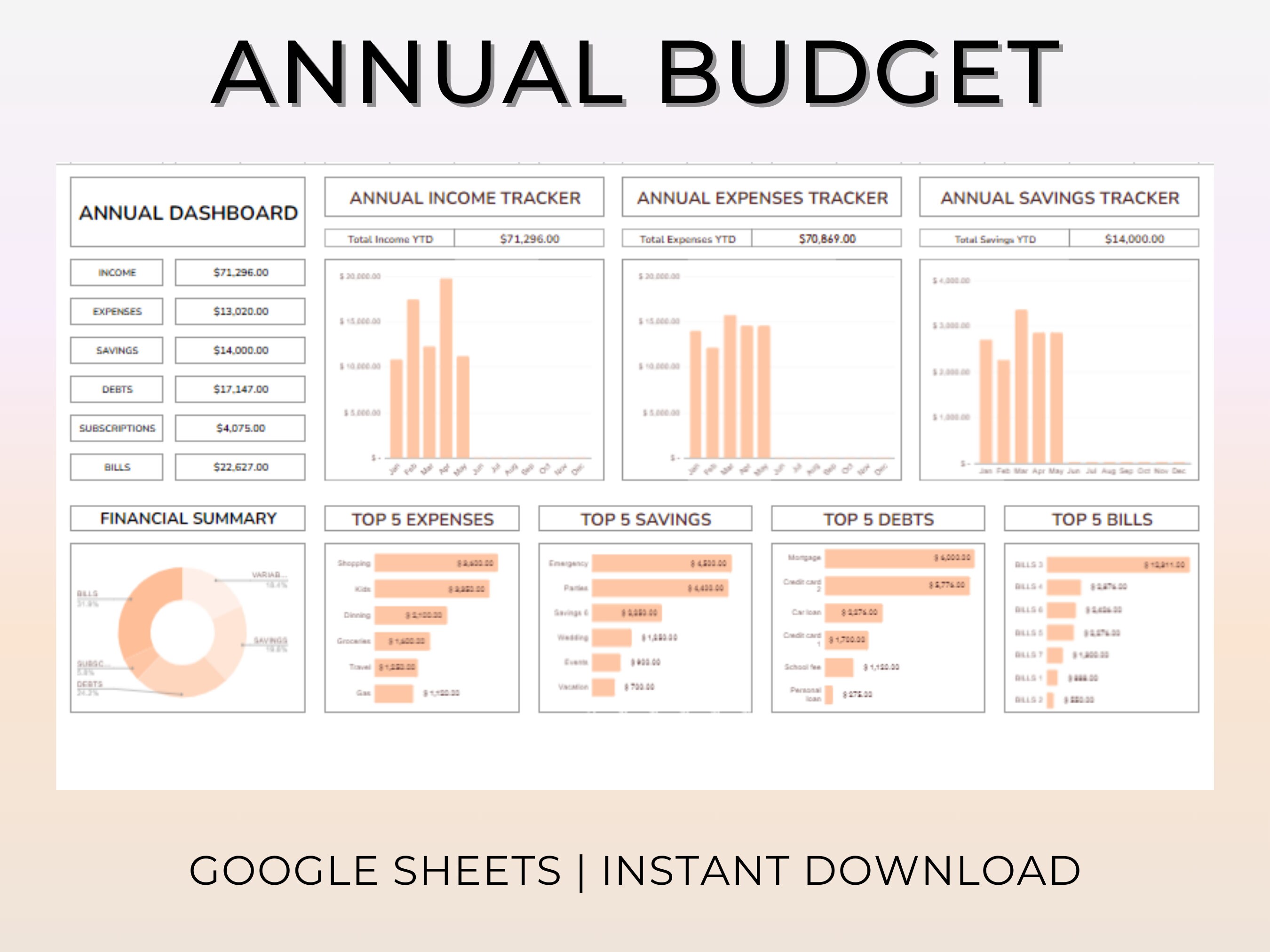 Annual Budget Spreadsheet for Google Sheets, Budget Tracker, Budget ...