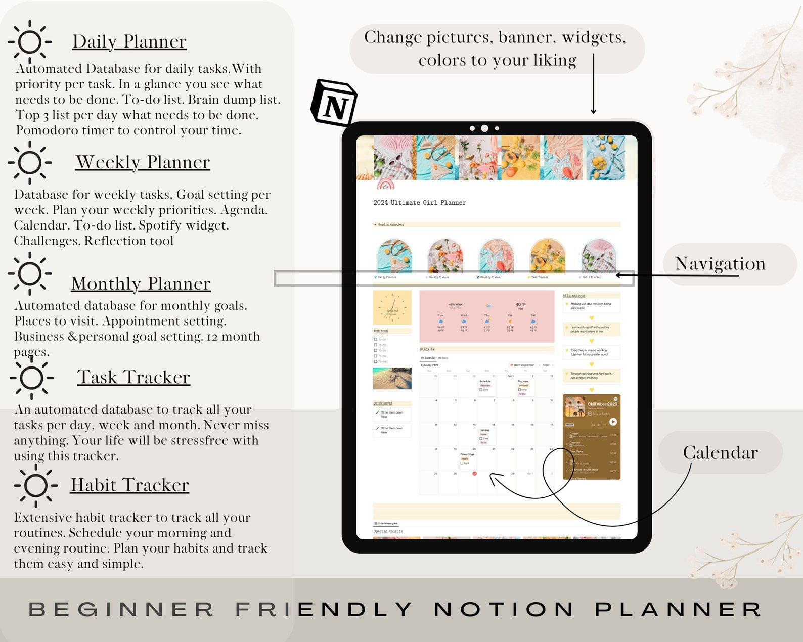 2024/ 2025 Girls Notion Life and Goals Planner Template, Day, Week, Month Planner, ADHD ...