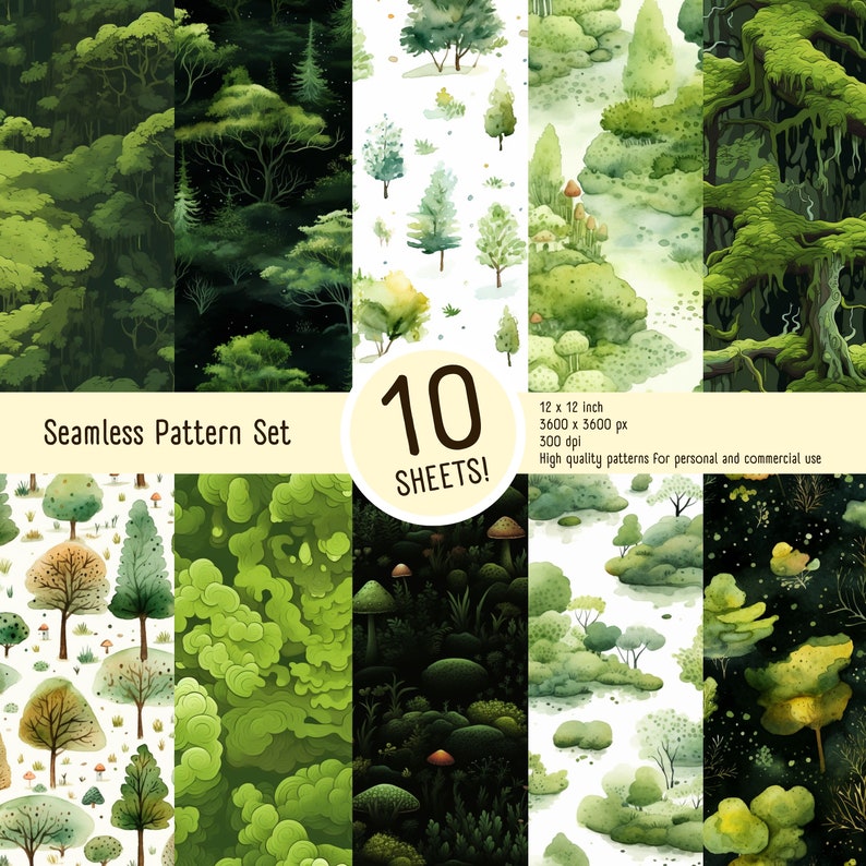 10 Patterns Set. Seamless Patterns. Forest Moss Pattern. Scaleable Digital Papers. Nature ...