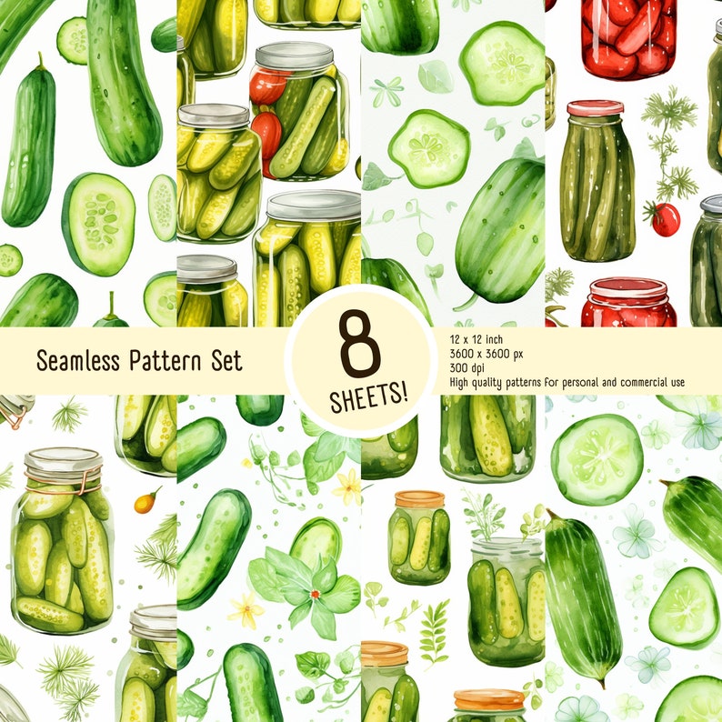 8 Patterns Set. Seamless Patterns. Veggie Cucumber Pickle Pattern ...