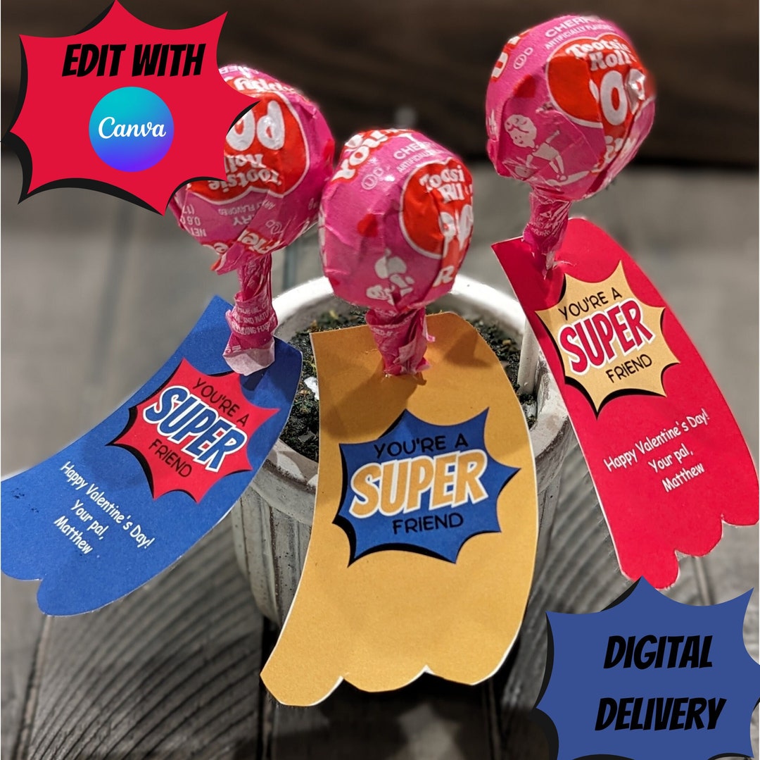 Super Hero Cape Lollipop Valentine Tag Template Canva Printable ...