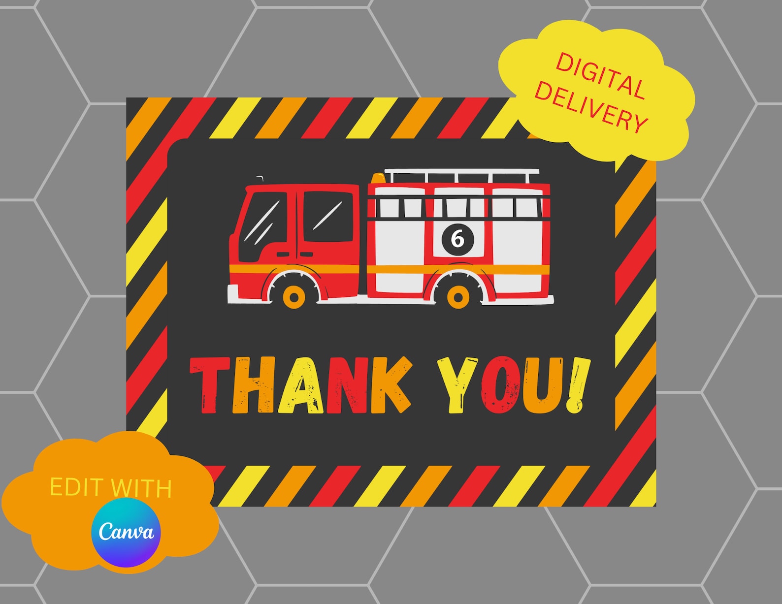 Fire Truck Thank You Card Editable Template Canva Download - Etsy