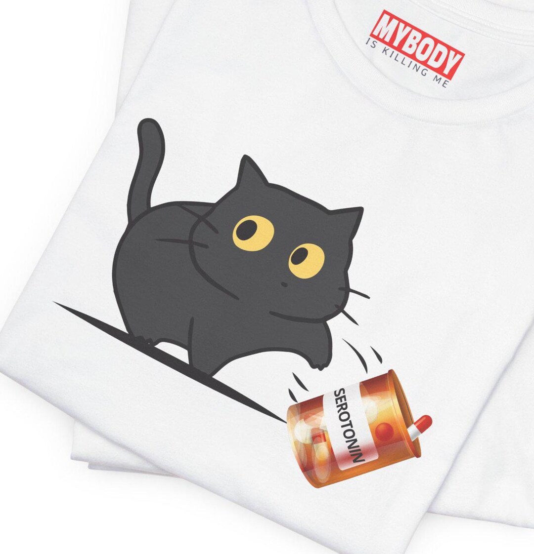 Cat Knocking Serotonin Bottle off Table Funny T-shirts Cute Cats ...
