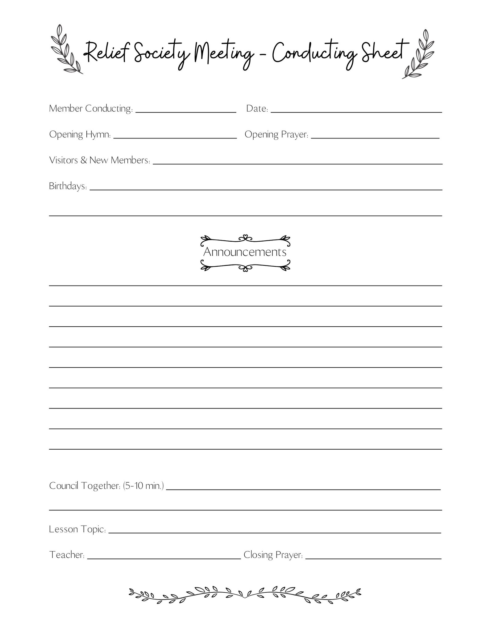 Relief Society Sunday Meeting Conducting Sheet 8.5x11 Instant PDF ...