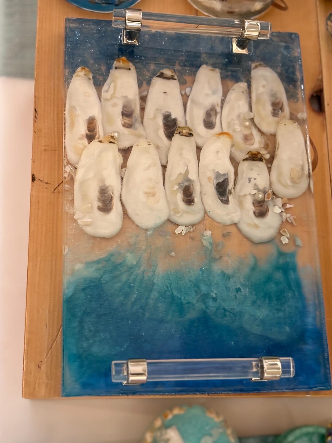 Ocean Resin Tray With Oyster Shells & Acrylic Handles | Coastal Decor ...