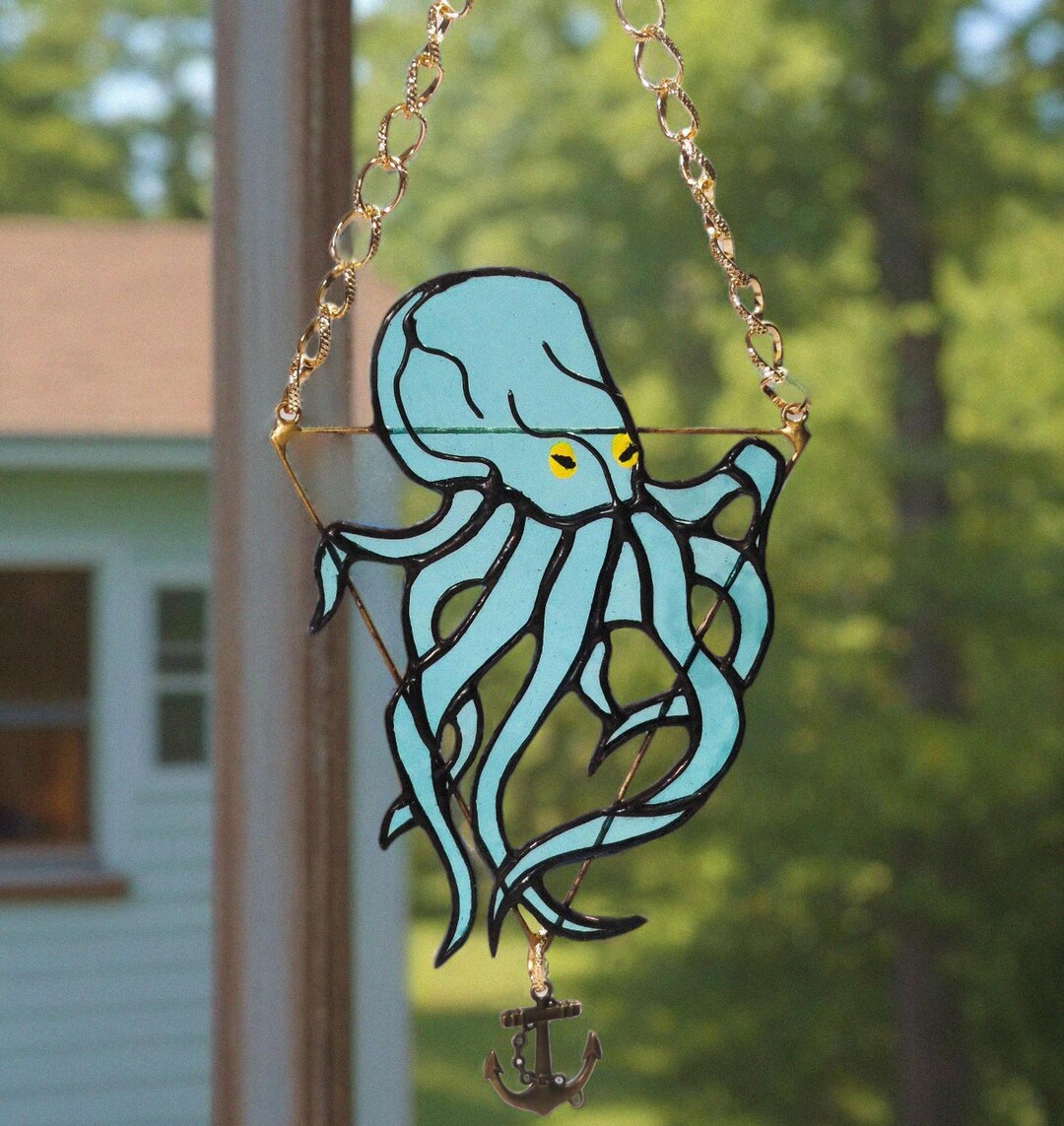 Glass Octopus Suncatcher, Blue Octopus Window Hanging, Ocean Themed ...