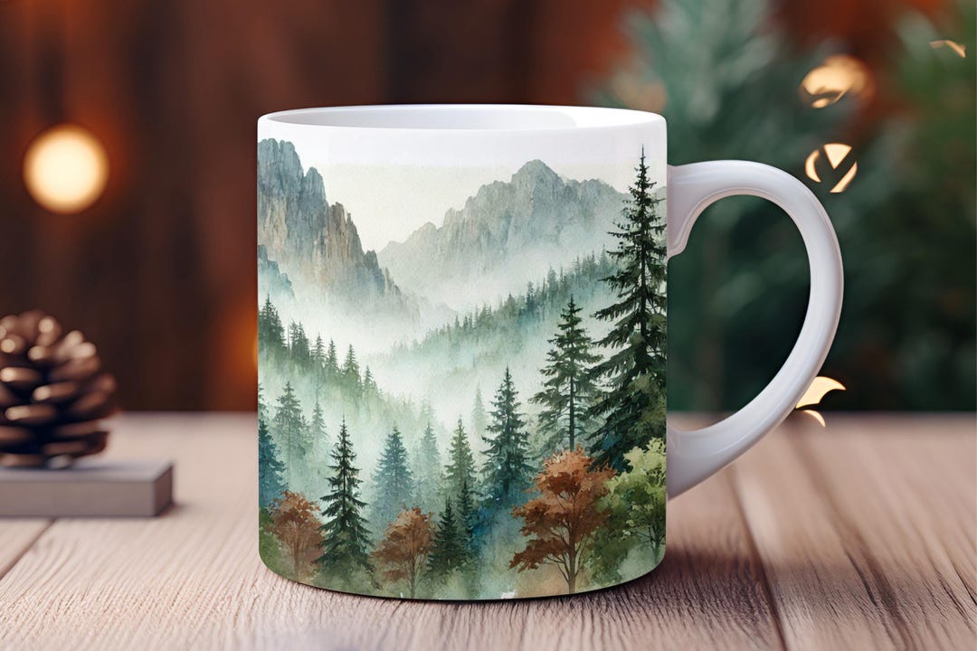 Vintage Pine Trees Mug Wrap, 11oz 12oz 15oz Mountain Mug Design, Nature ...