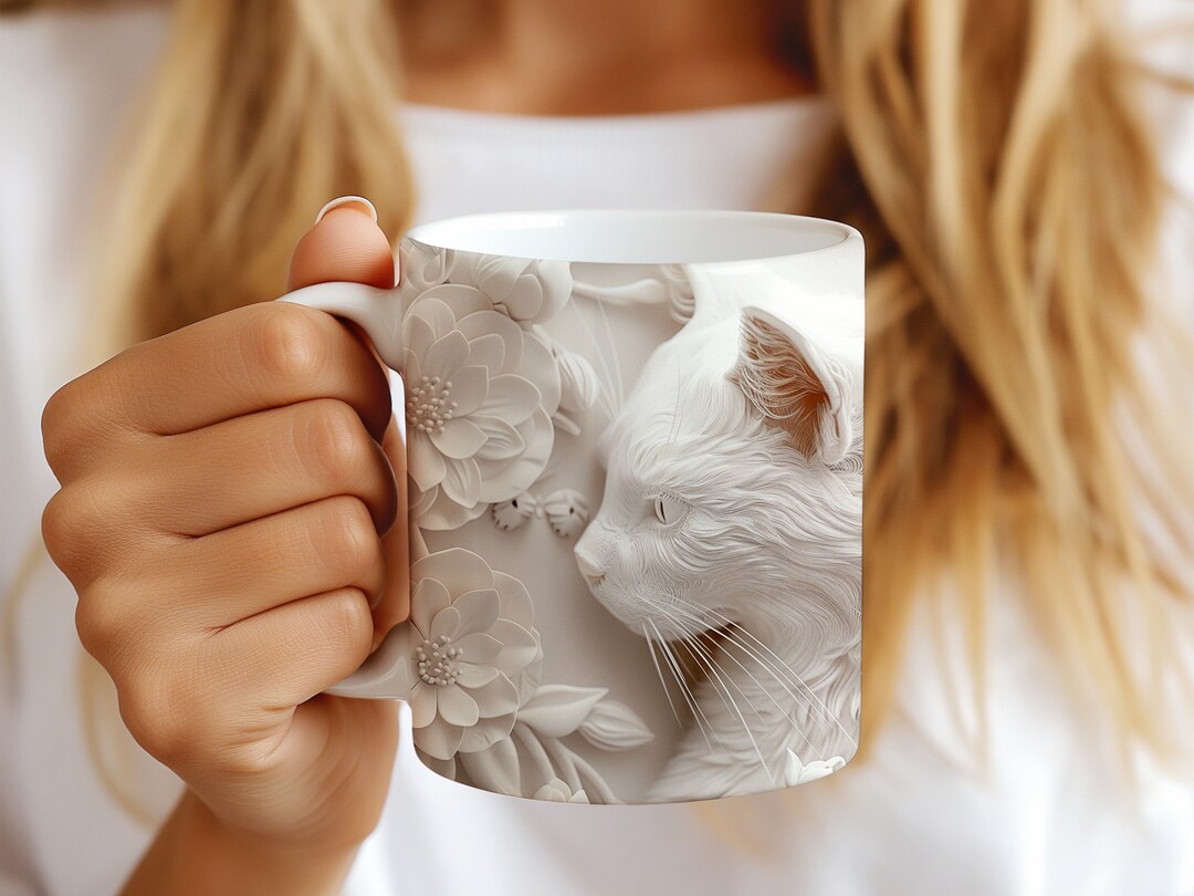 3D White Cat Mug, Bright Floral Mug Wrap, Cat Mug Design, 3D Flower Mug ...
