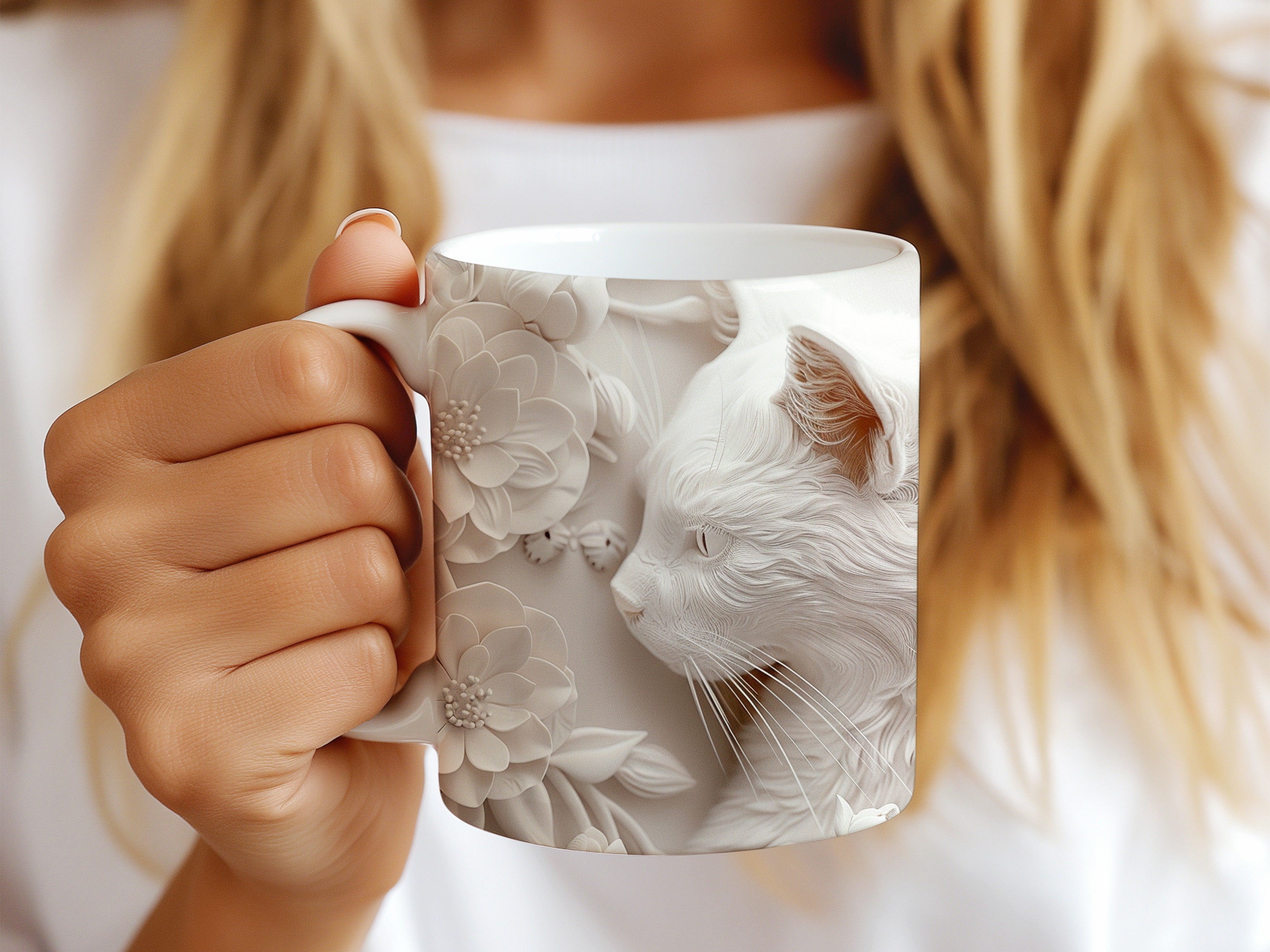 3D White Cat Mug, Bright Floral Mug Wrap, Cat Mug Design, 3D Flower Mug ...