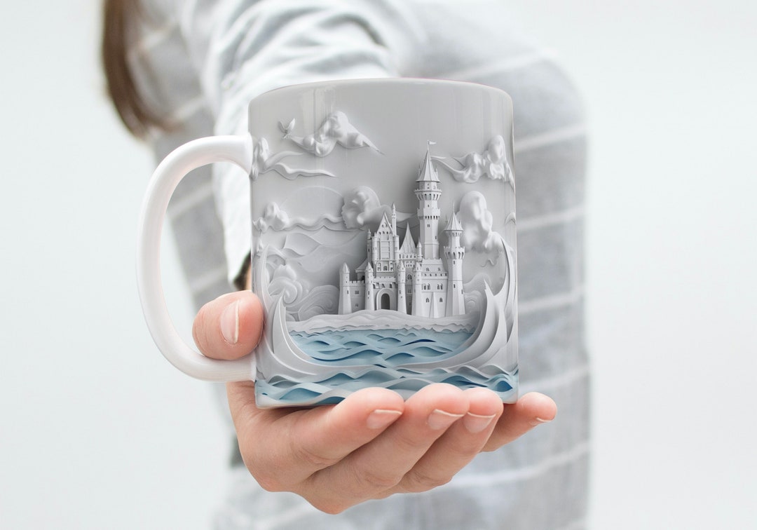 3D Beach Landscape Mug Wrap Design, 3D White Castle in the Ocean Mug ...