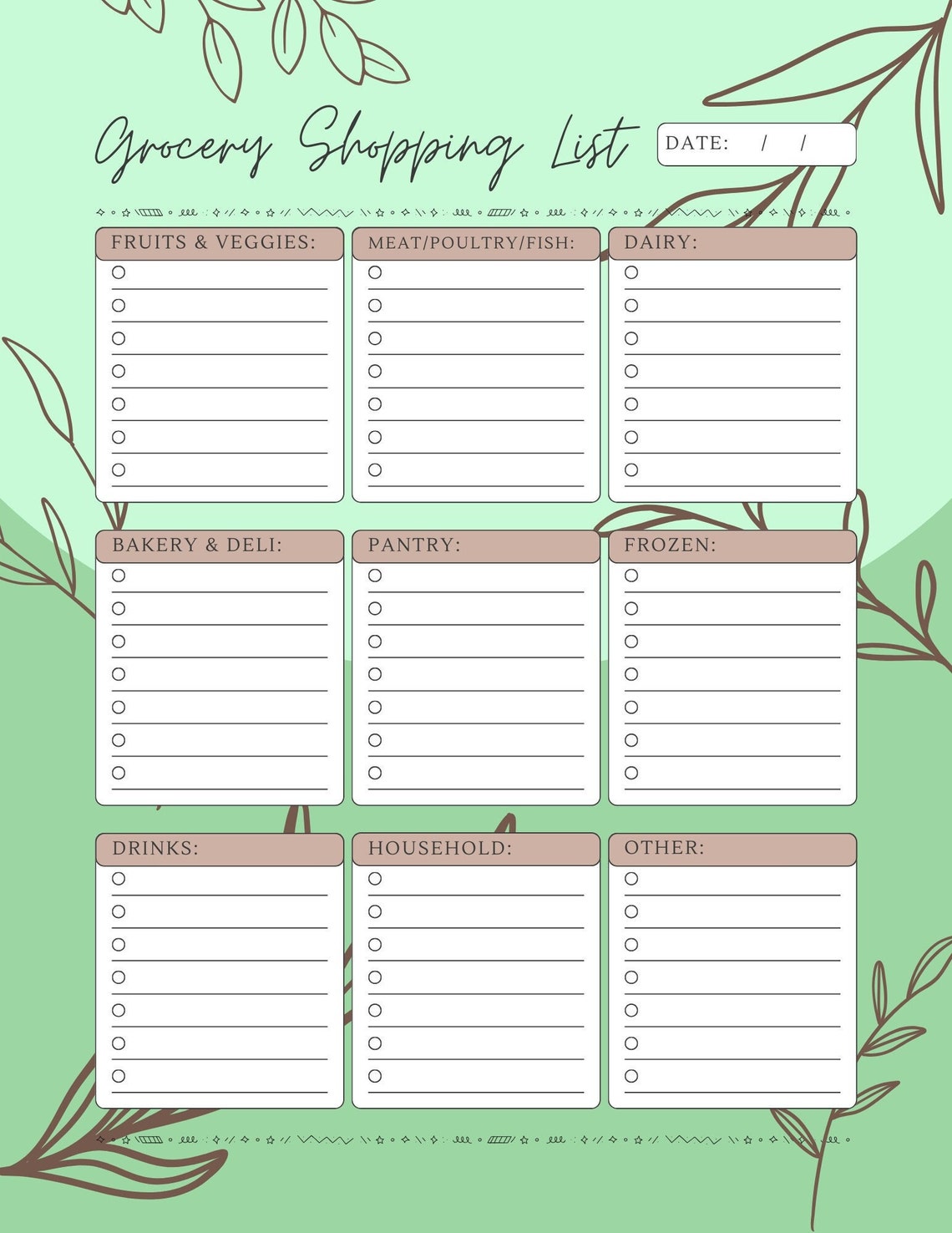 Grocery Shopping List Printable Template Minimalistic Nature Themed ...