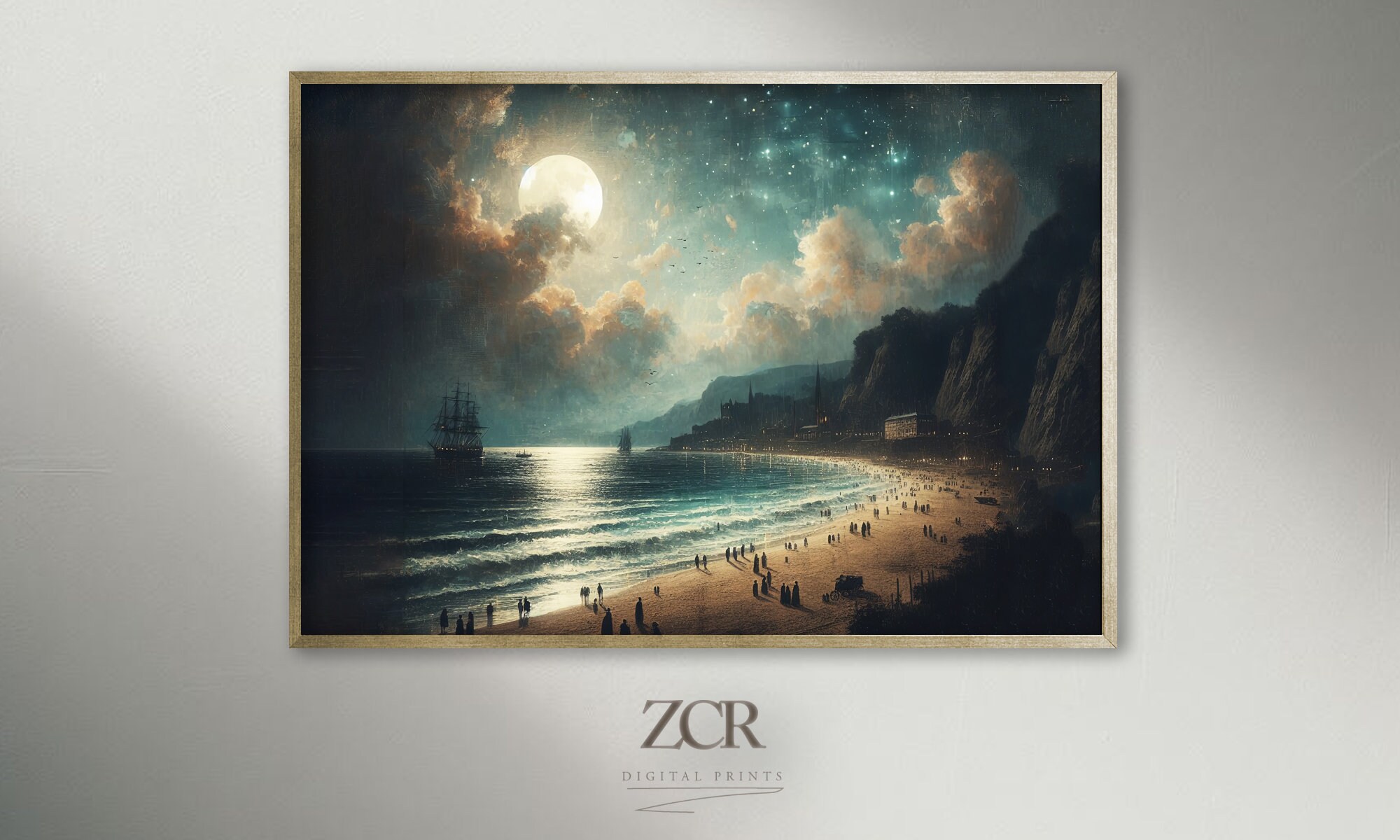 Moonlit Beach Night Sky Printable Art Download Printable Wall Decor Printable Wall Art Art ...